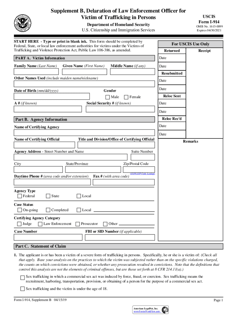 Fillable Online Instructions for Form I-914, Supplement B, Declaration ...
