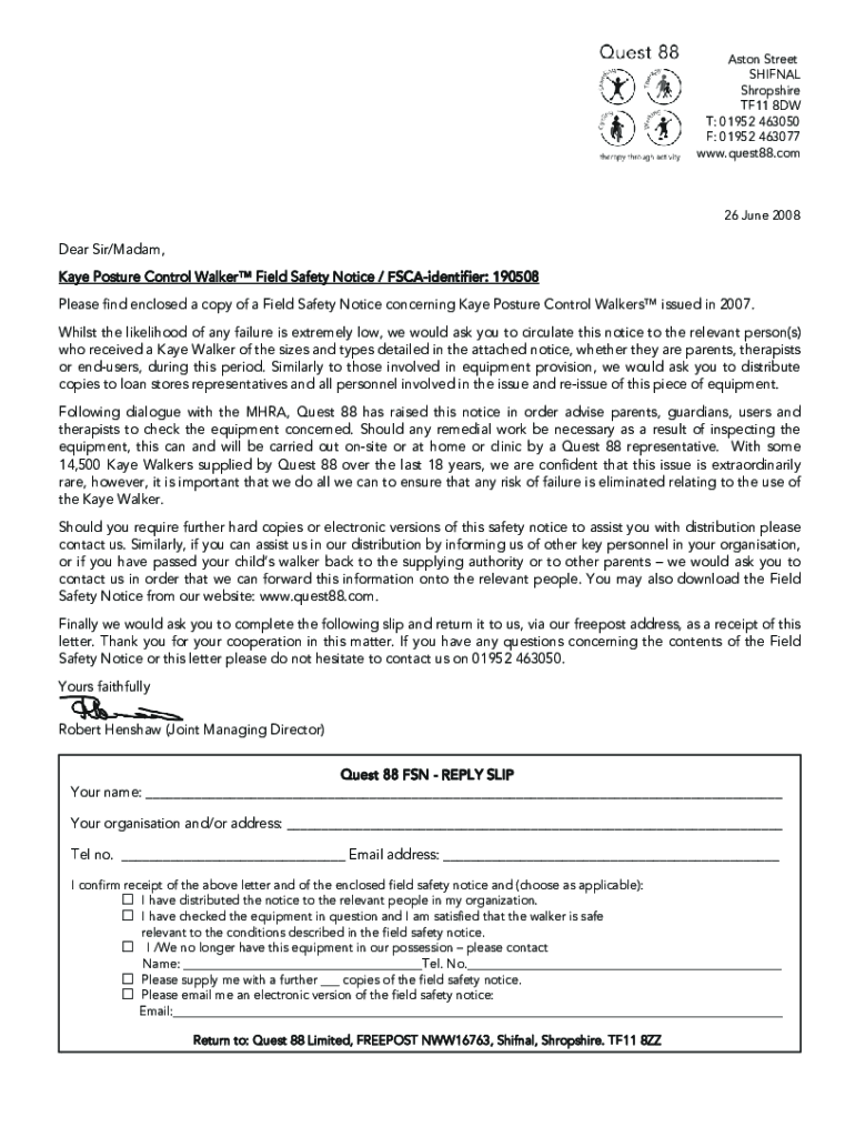 Fillable Online Dear Sir/Madam, Kaye Posture Control Walker Field ... Fax Email Print - pdfFiller