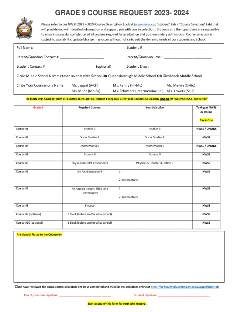 Fillable Online 2024 Grade 12 Course Selection Fax Email Print - pdfFiller