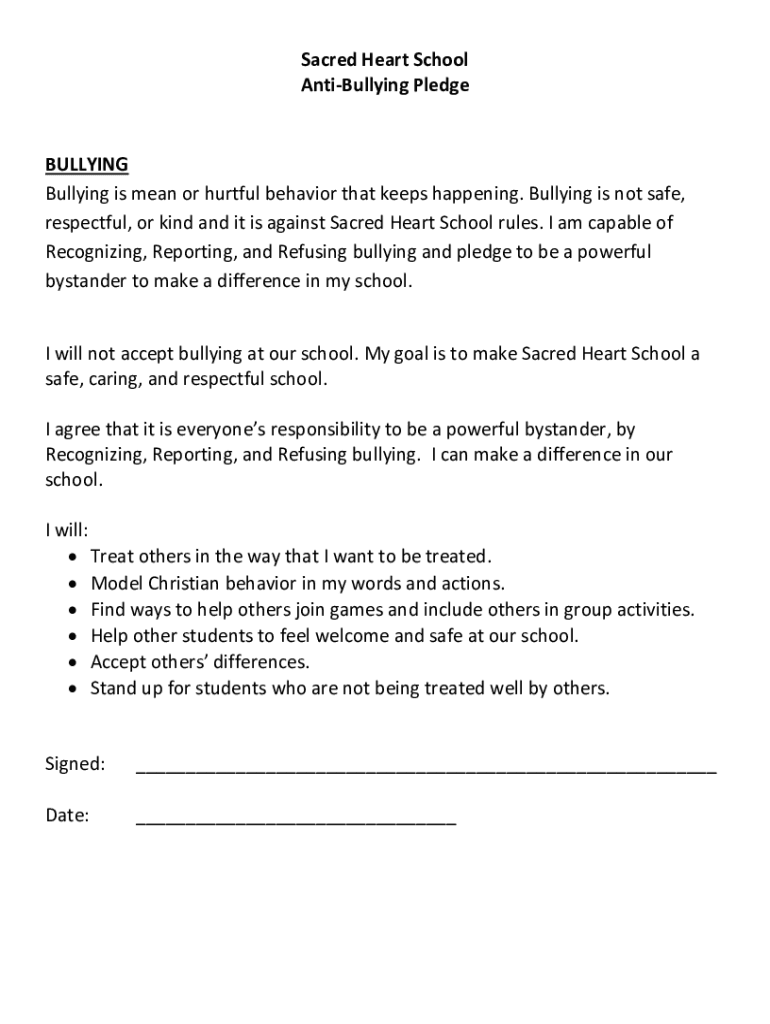 Fillable Online Sacred Heart School Anti-Bullying Pledge BULLYING ...