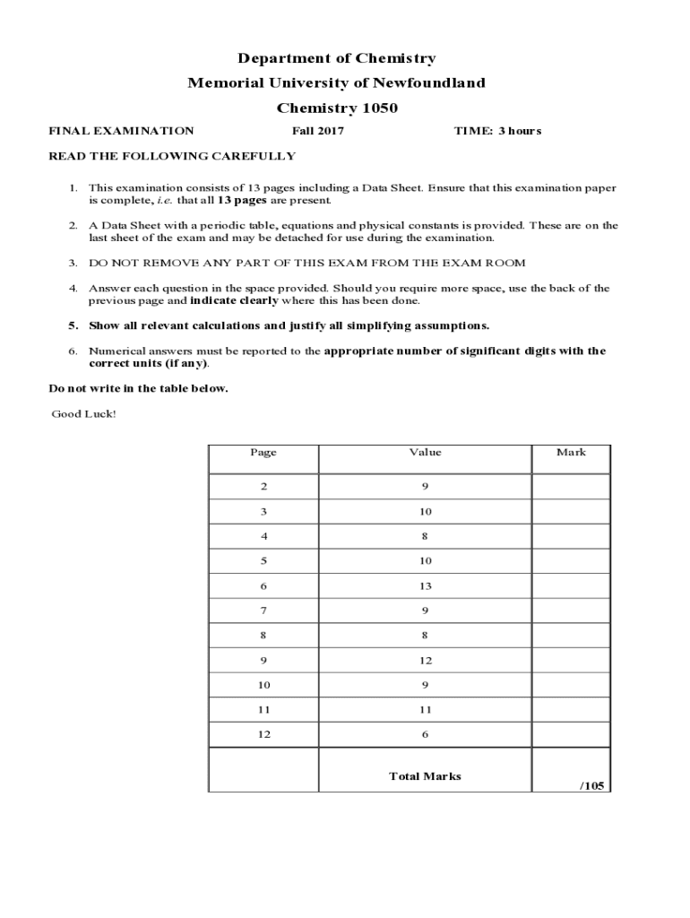 Fillable Online Chem 1050 Final Exam - Fill Online, Printable, Fillable ...