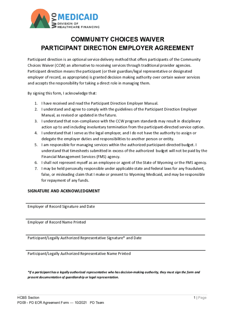 Fillable Online PD09 - EOR Agreement Form - Wyoming Department of ...
