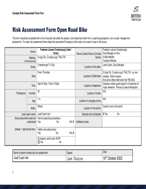 Fillable Online Risk Assessment Form Open Road Bike Fax Email Print ...