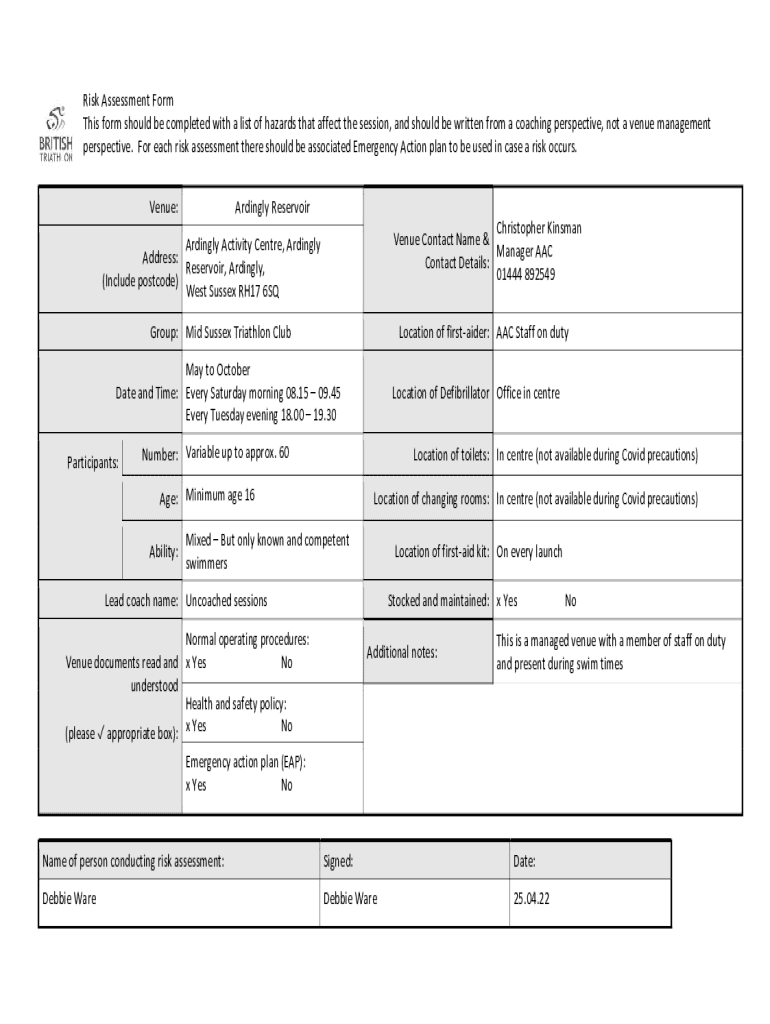 Fillable Online This form should be completed with a list of hazards ...