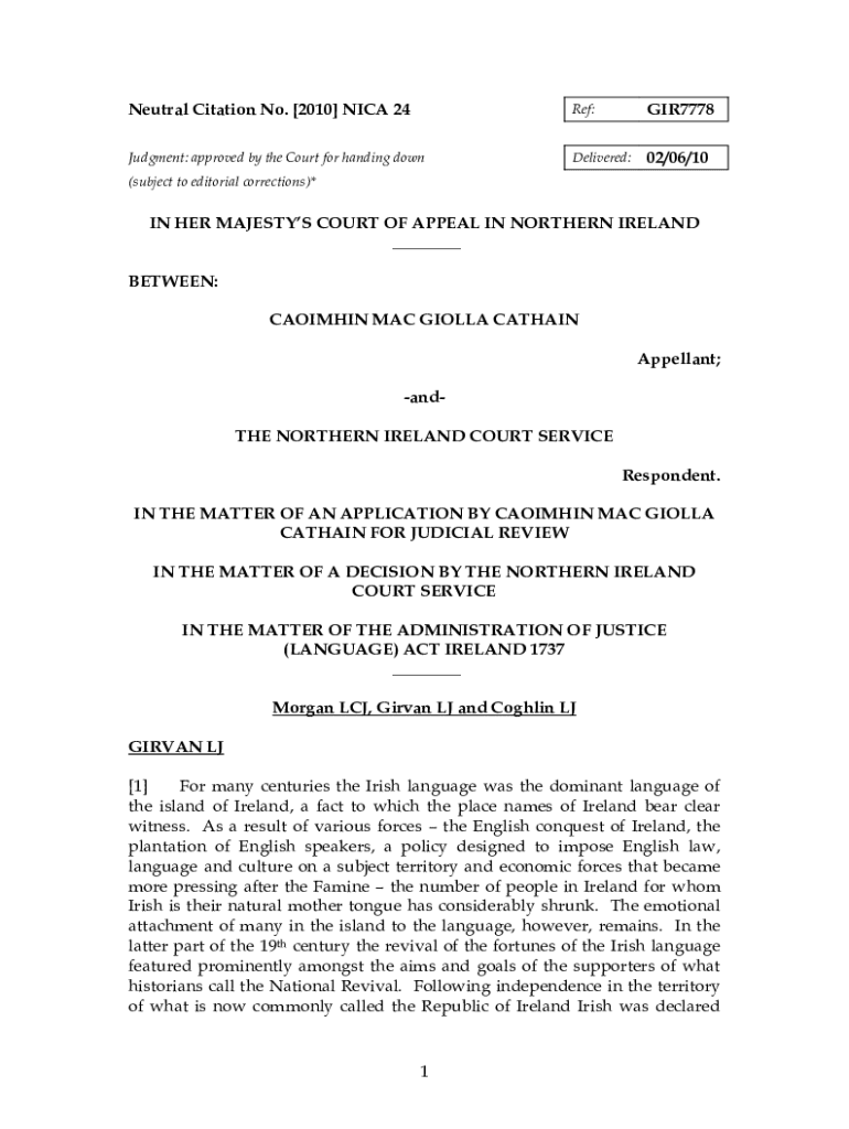 Fillable Online Cathain (Caoimhin Mac Giolla) v The Northern Ireland ...