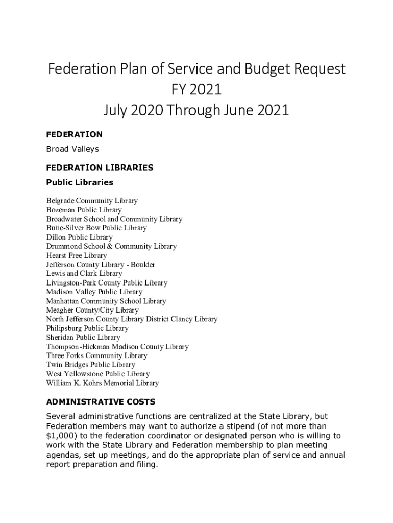 Fillable Online Federation Plan of Service and Budget Request - FY21 Broad Valley Fax Email ...