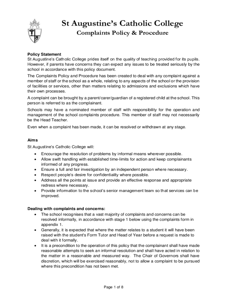 Fillable Online Policies - St Augustine's Catholic High School and Sixth Form Fax Email Print ...