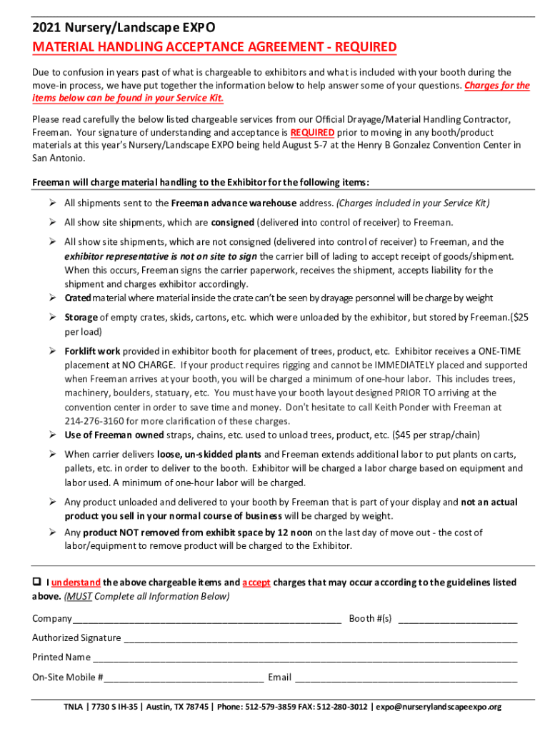 Fillable Online MATERIAL HANDLING ACCEPTANCE AGREEMENT Fax Email Print ...