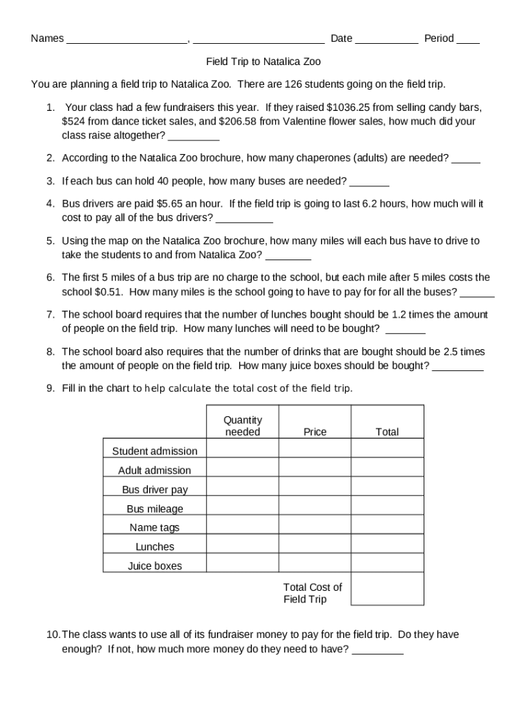 Field Trip to Natalica Zoo You are planning a fiel Doc Template | pdfFiller
