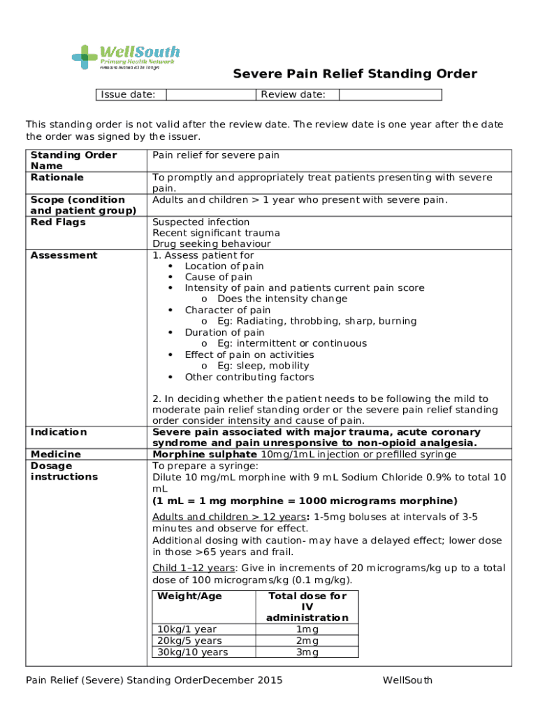 Pain Relief (mild to moderate) Standing Order Doc Template | pdfFiller