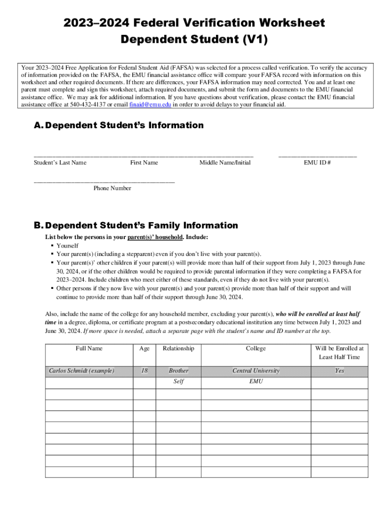 Fillable Online FORM DEP-V1 2023-2024 Verification Worksheet Office of ...