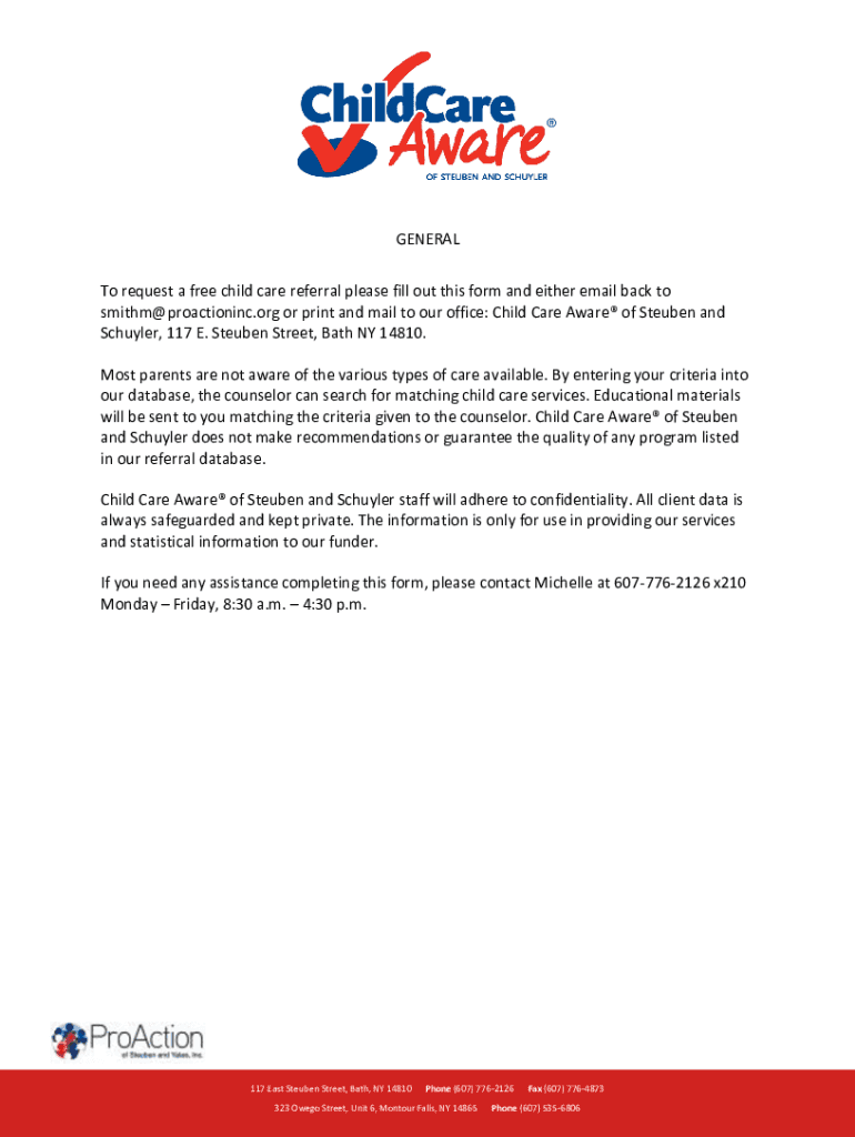 Fillable Online GENERAL To request a free child care referral please ...