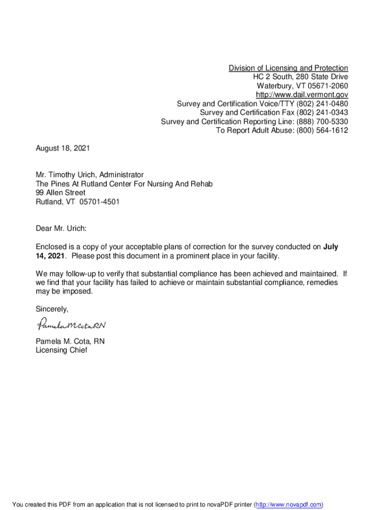 Fillable Online Enclosed is a copy of your acceptable plans of ...