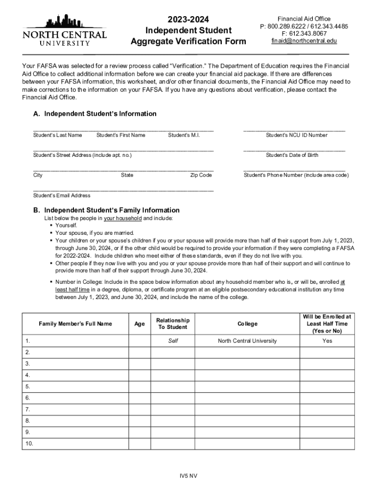 Fillable Online 23-24 Independent Verification Worksheet (IV5 NV) Fax ...