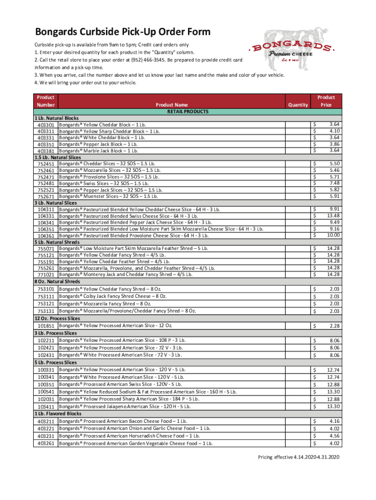 Fillable Online Bongards Curbside Pick-Up Order Form Fax Email Print ...