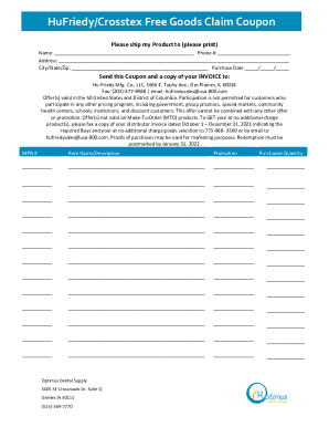 Fillable Online HuFriedy/Crosstex Free Goods Claim Coupon Fax Email ...