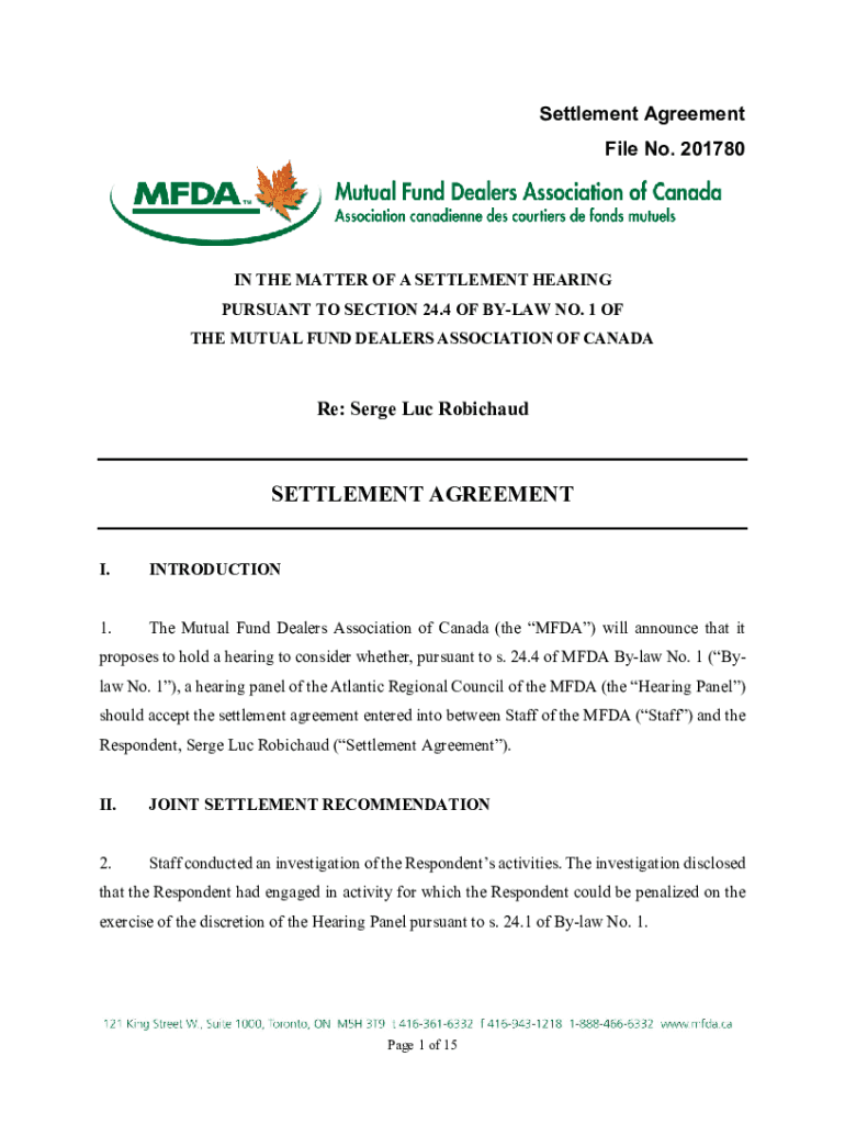 Fillable Online Settlement Agreement 201780 Re: Serge Luc Robichaud Fax ...