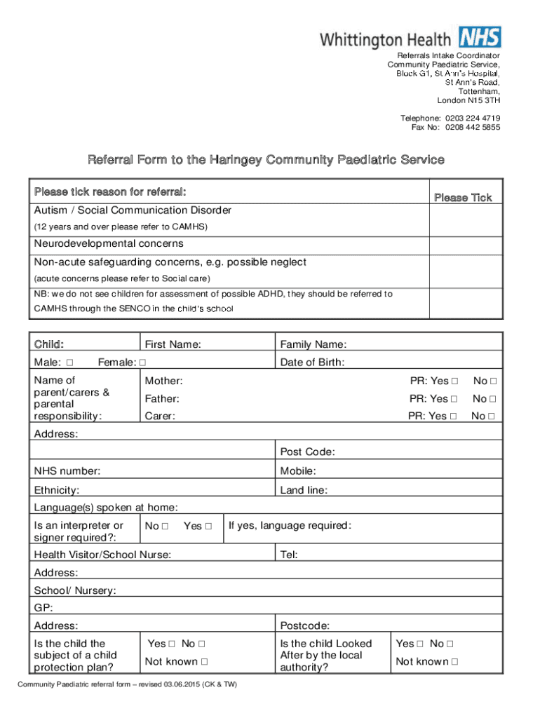 Fillable Online Referral Form to the Haringey Community Paediatric ...