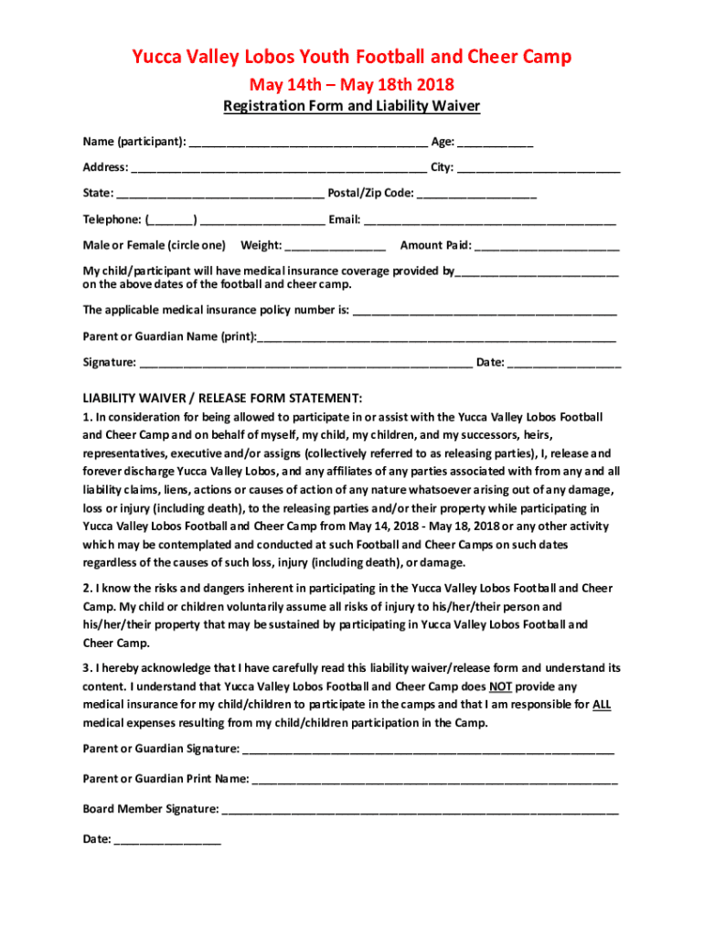 Fillable Online Yucca Valley Lobos Youth Football and Cheer Camp Fax ...