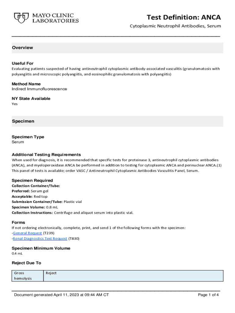 Fillable Online Antineutrophil Cytoplasmic Antibodies (ANCA) Test: What ...