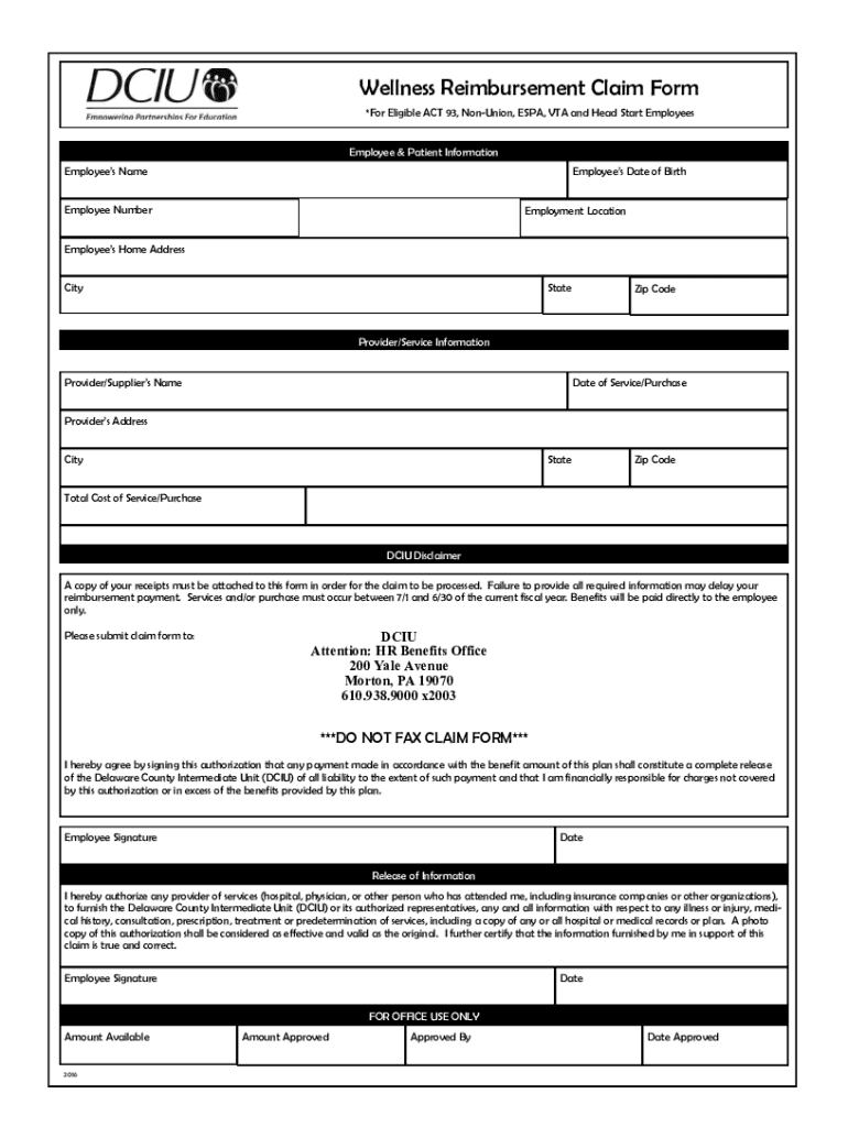 Fillable Online DCIU Wellness Reimbursment Form. Wellness Reimbursment ...