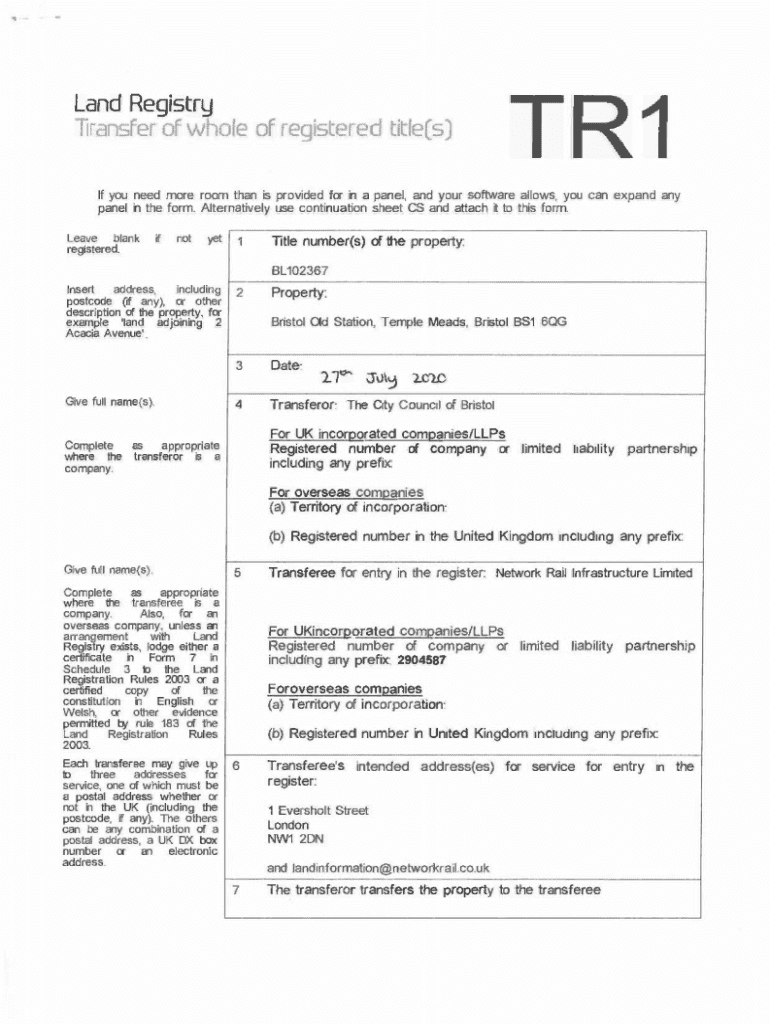 Fillable Online Land Registry Transfer of whole of registered title(s ...