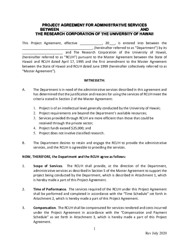 Fillable Online PROJECT AGREEMENT FOR ADMINISTRATIVE SERVICES Fax Email ...
