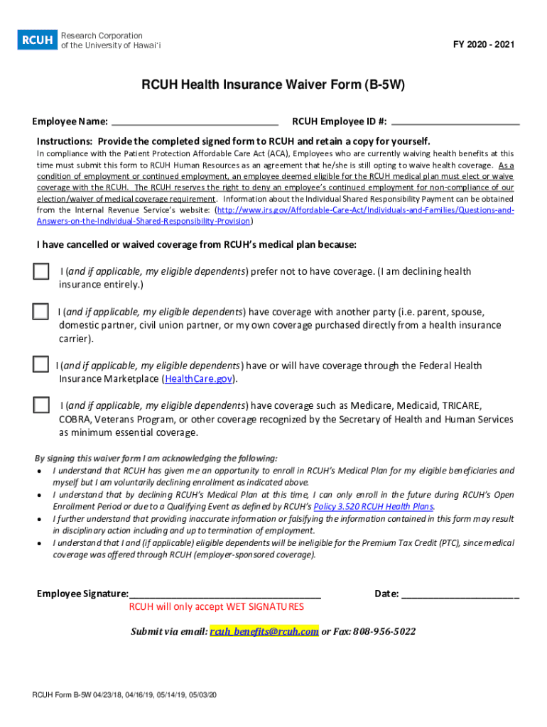 Fillable Online Fillable RCUH Health Insurance Waiver Form (B-5W) Fax ...