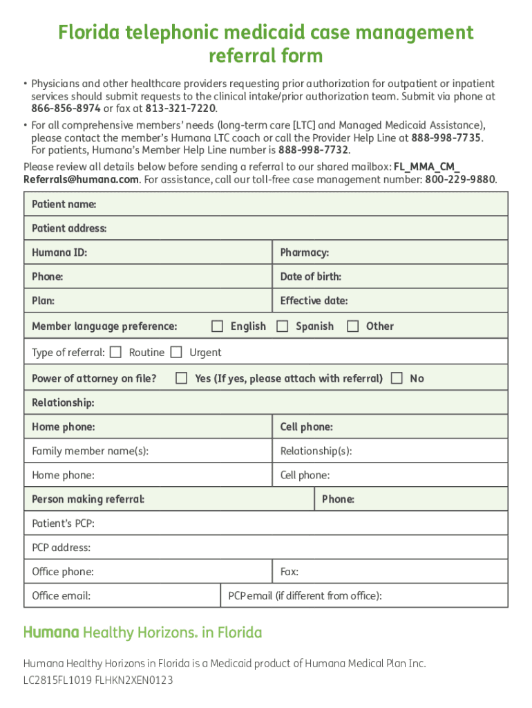 Fillable Online 2023FLPROVTelephonic Medicaid Case Management Referral ...