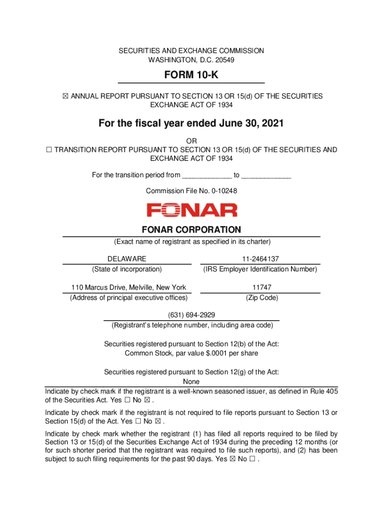 Fillable Online FORM 10-K For the fiscal year ended June 30, 2021 Fax Email Print - pdfFiller