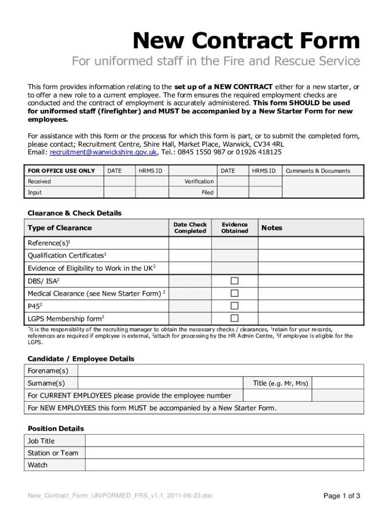 Fillable Online New Contract Form (Uniformed Fire) Fax Email Print ...