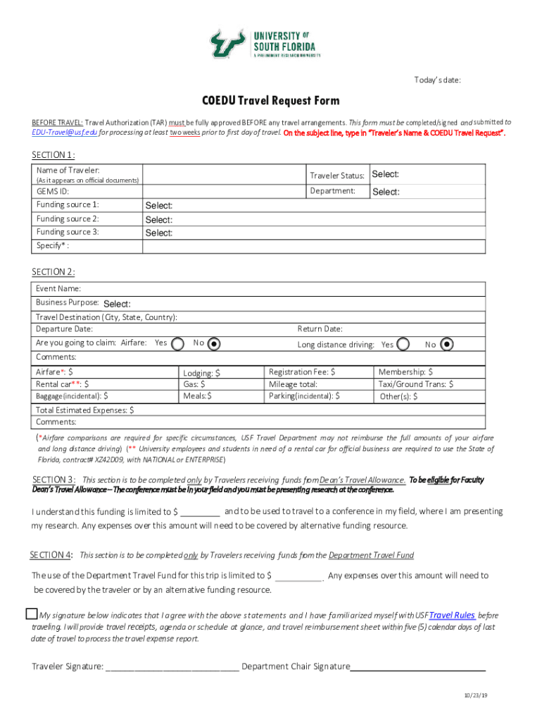 Fillable Online usf travel authorization request (tar) Fax Email Print ...