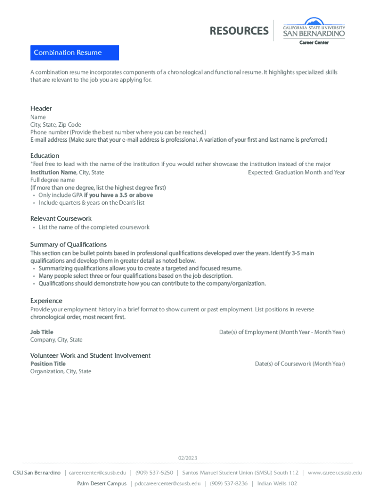Fillable Online Combination Resume Template Fax Email Print - pdfFiller