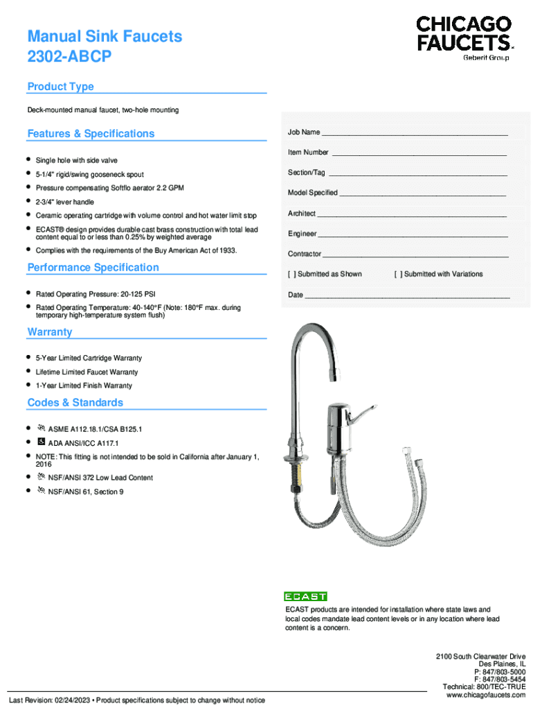 Fillable Online 2302-ABCP Single Lever Deck-Mounted Two-Hole Manual ...