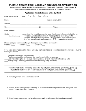 Fillable Online Purple Power Pack 4-H Camp Counselor Application Fax Email Print - pdfFiller