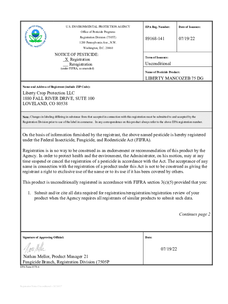 Fillable Online US EPA, Pesticide Product Label, Liberty MANCOZEB 75 DG ...