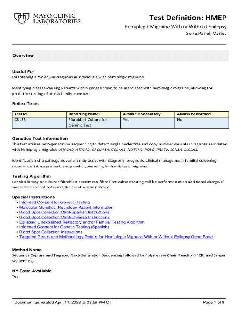Fillable Online Hemiplegic Migraine With or Without Epilepsy Gene Panel, Varies ... Fax Email ...