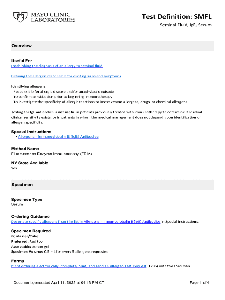 Fillable Online Seminal Fluid, IgE, Serum - Bronson Laboratory Services ...