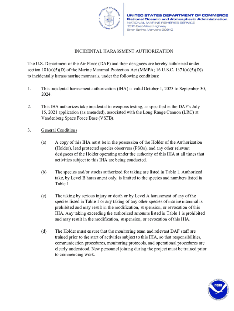 Fillable Online Incidental Take Authorizations for Marine Mammals Fax ...