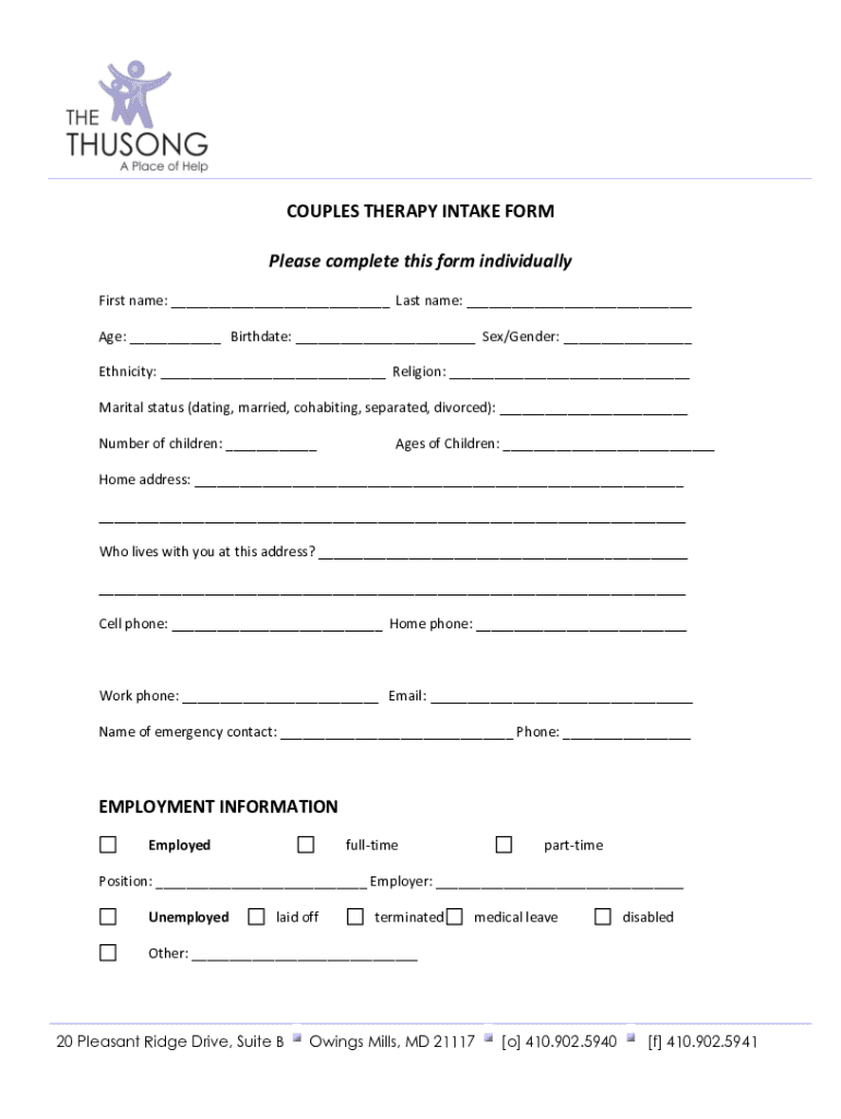Fillable Online COUPLES THERAPY INTAKE FORM Fax Email Print - pdfFiller