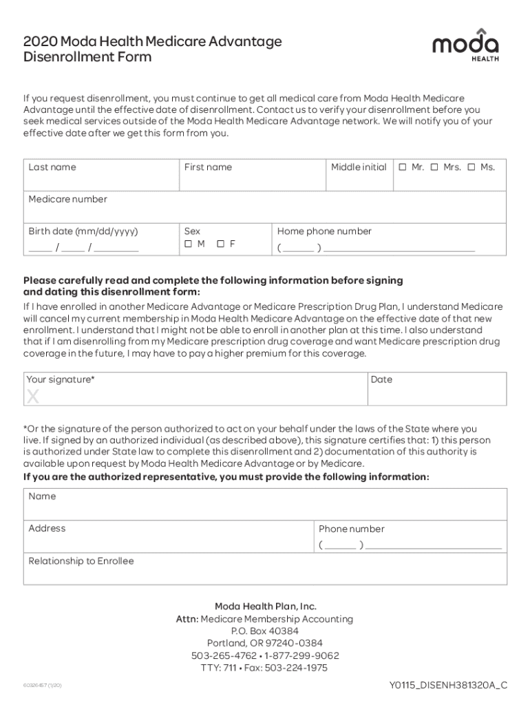 Fillable Online 2020 Moda Health Medicare Advantage Disenrollment Form ...