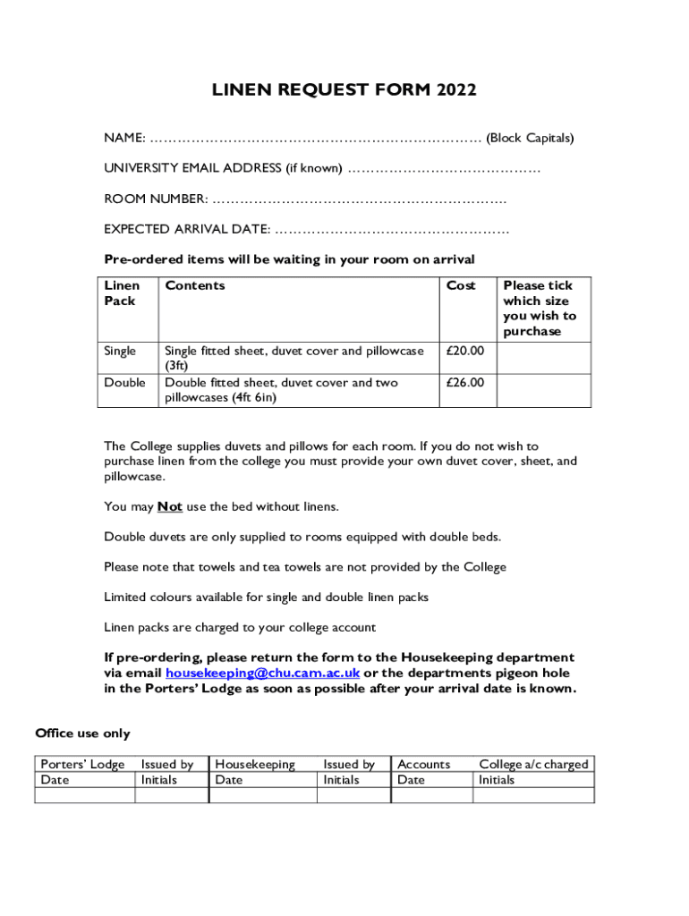 Fillable Online BEDDING/LINEN REQUEST FORM Fax Email Print - pdfFiller