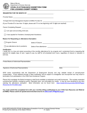 Fillable Online COVID-19 ATTENDANCE EXEMPTION FORM FOR LICENSED ... Fax Email Print - pdfFiller