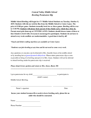 Fillable Online Central Valley Middle School Bowling Permission Slip ...