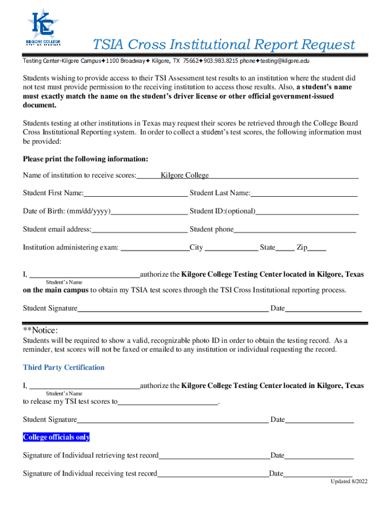 Fillable Online tsi cross institutional reporting (cir) - score request form Fax Email Print ...