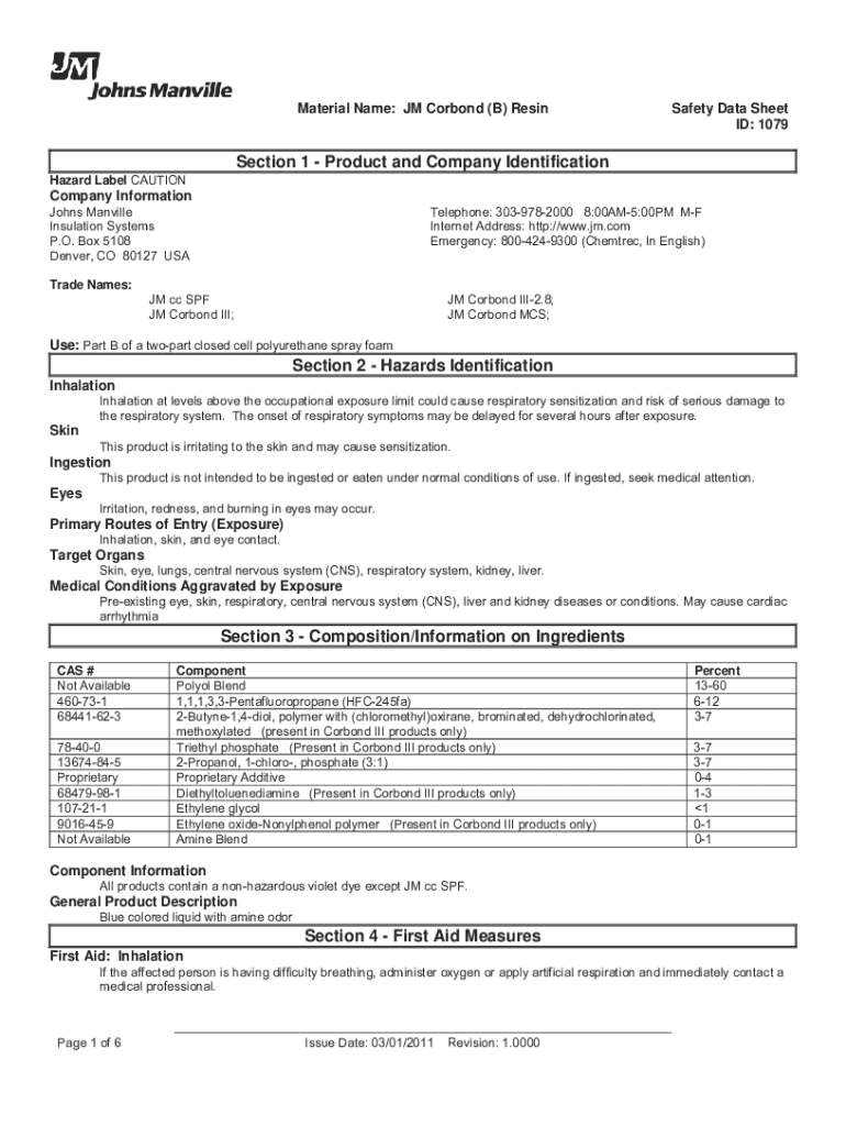 Fillable Online JM Corbond (B) Resin Safety Data Sheet ID: 1079 - Section 1 Fax Email Print ...