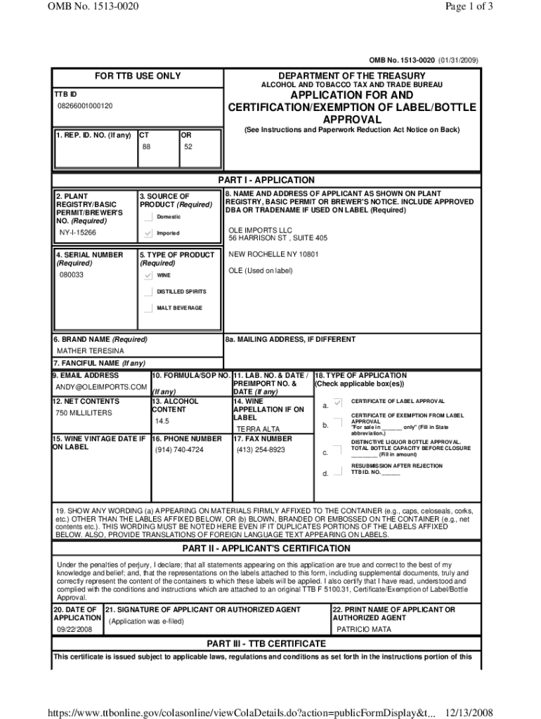 Fillable Online Certification/Exemption of Label/Bottle Approval (COLA ...