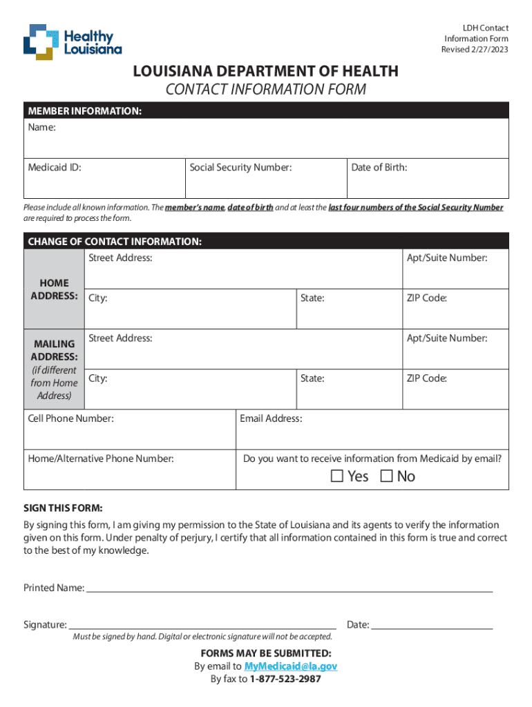 Fillable Online louisiana department of health contact information form ...