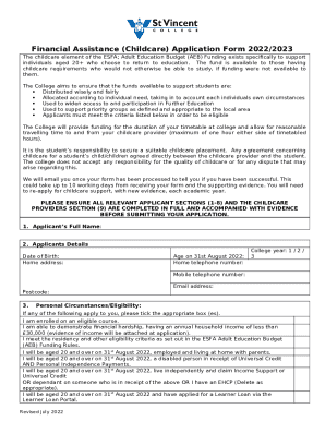 Financial Assistance (Childcare) Application 2022/2023 Doc Template | pdfFiller