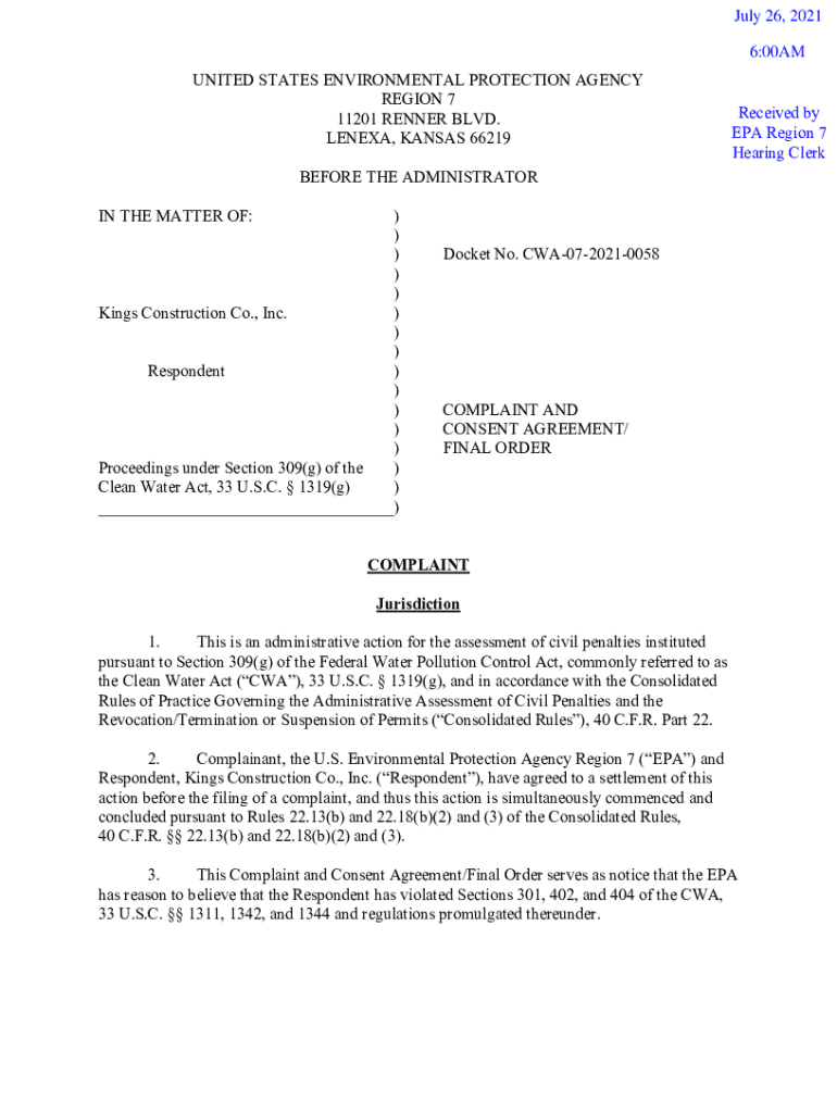 Fillable Online yosemite epa Kings Construction Complaint Consent ...